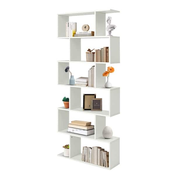 Geometric Bookcase White, S-Shaped Wooden Bookshelf, 6-Tier Modern ...