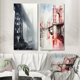 Designart "Grey Bridge In Fog" Bridges Wall Art Set Of 2 Grey ...