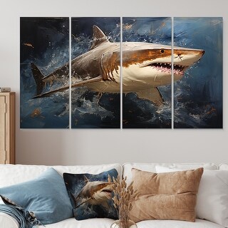 Designart "Underwater Shark Attack I" Shark Extra Large Canvas Set Of 4 ...