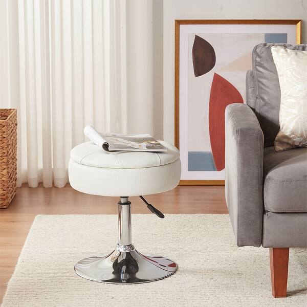 Storage Vanity Stool PU Leather Removeable Tray Round Ottoman White ...