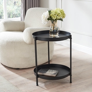 Double Decker 16" Round Black Metal 2 Tier Accent Table - Bed Bath ...