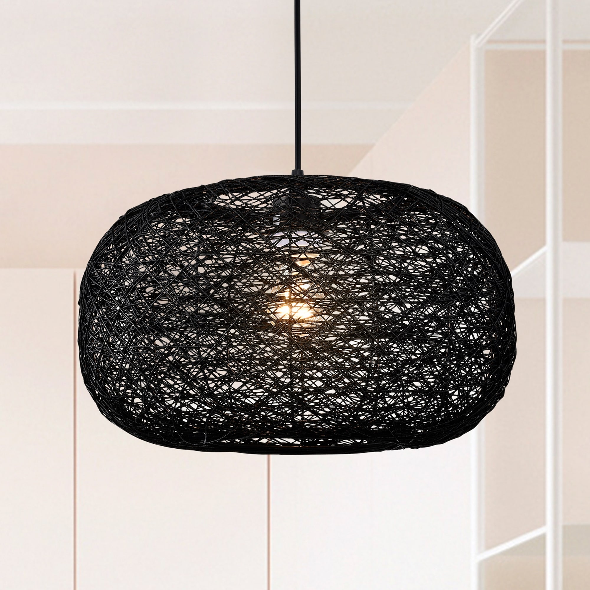 Farmhouse Matte Black Hand-Woven Rattan Craft Pendant Light - On Sale ...
