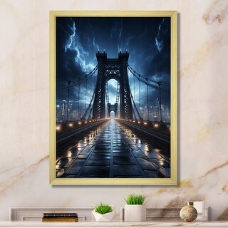 Designart "Blue Bridge Suspension Bridge Charcoal III" Bridges Framed ...