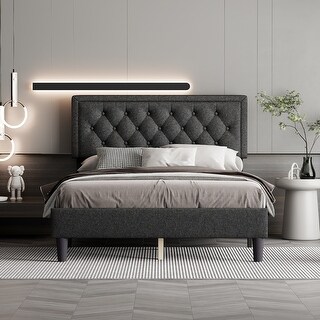 Dark Grey Full Platform Bed, Adjustable Button-Tufted Headboard - Bed ...