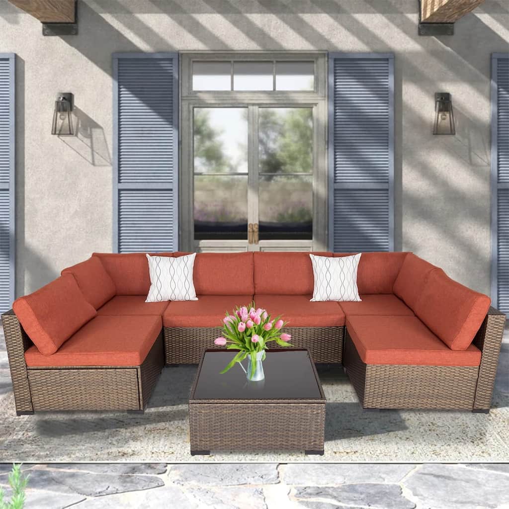 Kinbor Outdoor Patio Wicker Sectional Sofa Set w/cushions, Conversation ...