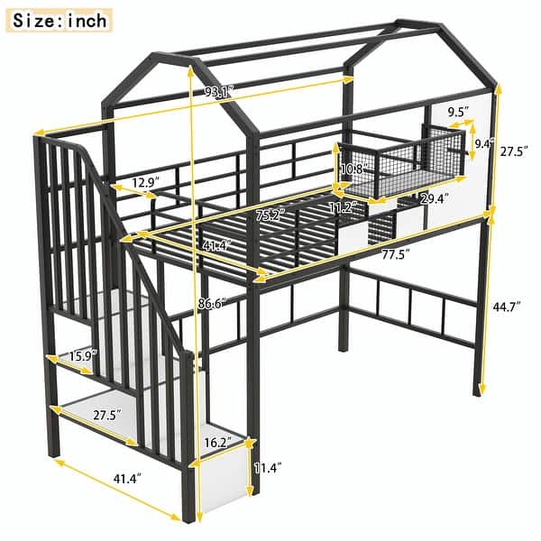 Twin Size Metal Loft Bed with Roof Design and Integrated Storage Box ...