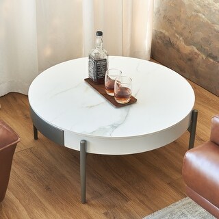 Sintered Desktop Round Coffee Table, Modern Cocktail Table with Drawers ...