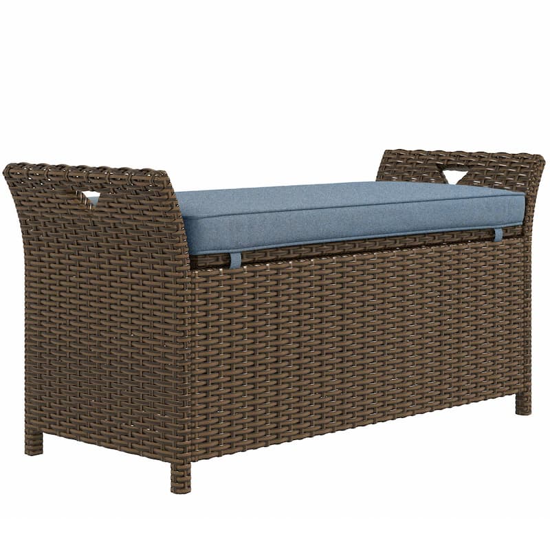 27 Gallon 2-In-1 Patio Wicker Storage Bench with Handles and Cushion ...