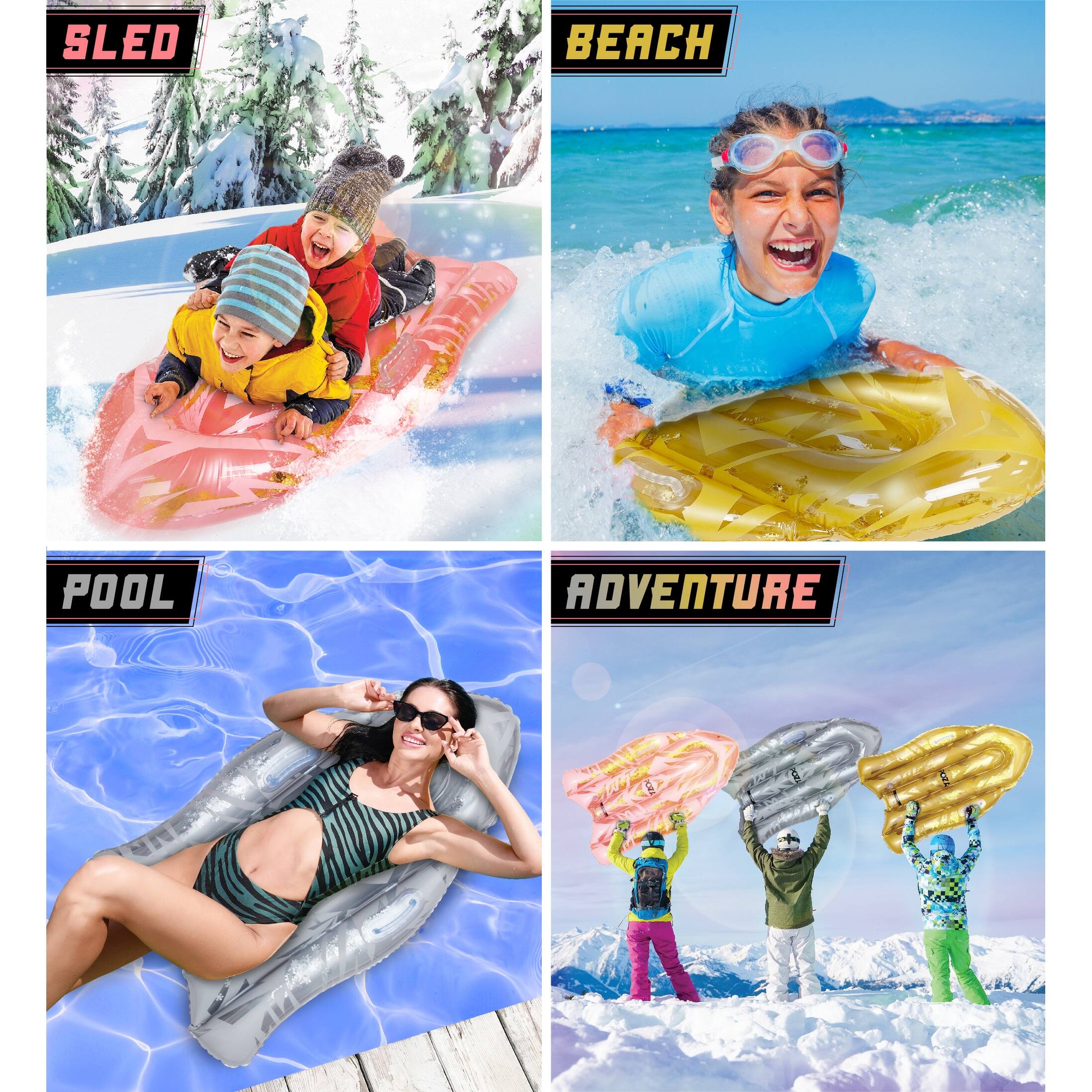 POZA Inflatable Snow Boogie Sled Set of 3 with Handles and Snowflakes ...