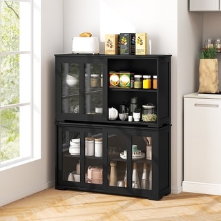 2 PCS Stackable Buffet Sideboard with Sliding Tempered Glass Doors ...