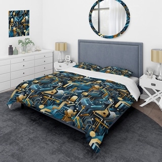 Designart "Blue Matrix Geometric Reflections" Gold Modern Bedding Set ...