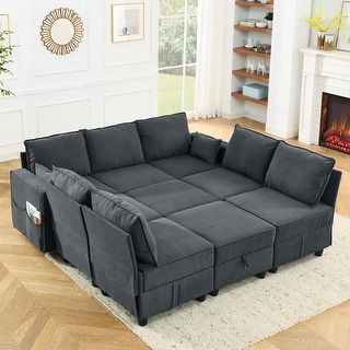 King Size 9 Seater Modular Sectional Sofa, Corduroy Velvet Sleeper Sofa ...