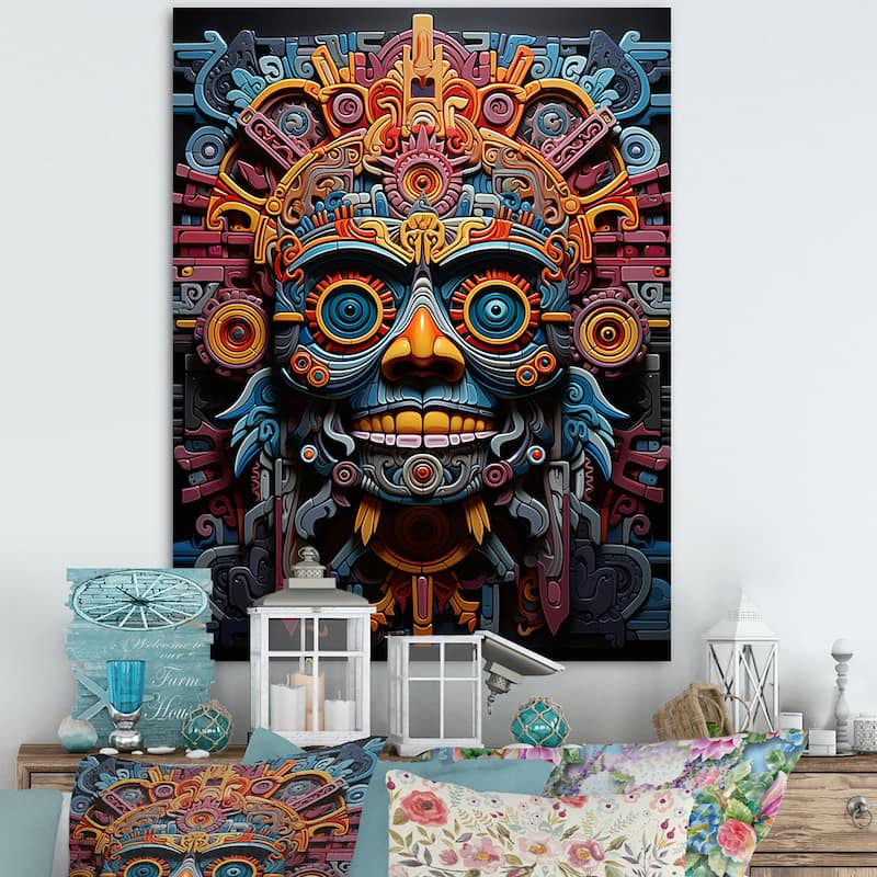 Designart "Teal Orange Mexico Vibrant Aztec Mask" Mexico Wall Decor ...