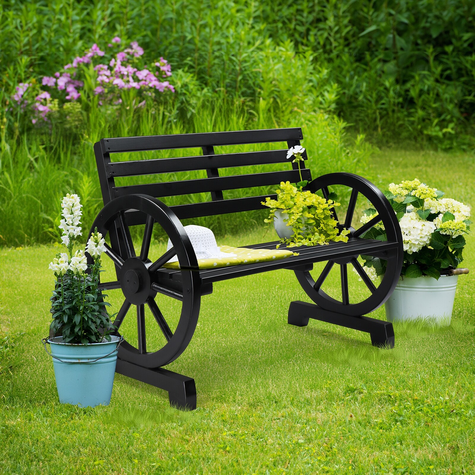 Rustic Wooden Wagon Wheel Bench 2 Person Outdoor Garden Seat with Slatted Back and Armrests 41.1 x 21.1 x 30.9