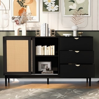 Accent Storage Cabinet with 3 Drawers, Retro Rattan Decorated Console ...