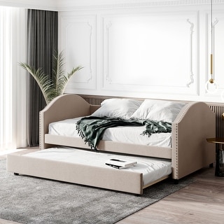 Full Size Upholstered Daybed with Twin Trundle / Rivets Moutain Curbed ...