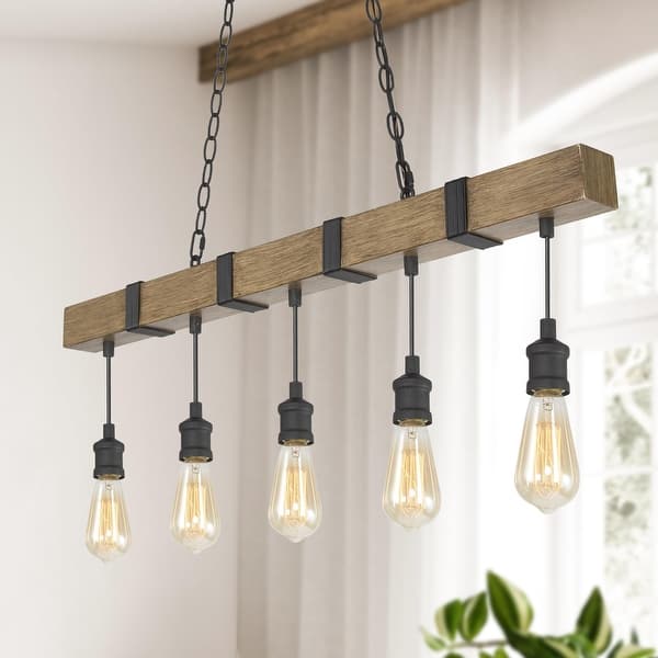 Modern Farmhouse 5-Light Linear Chandelier Wood Grain Metal Island ...
