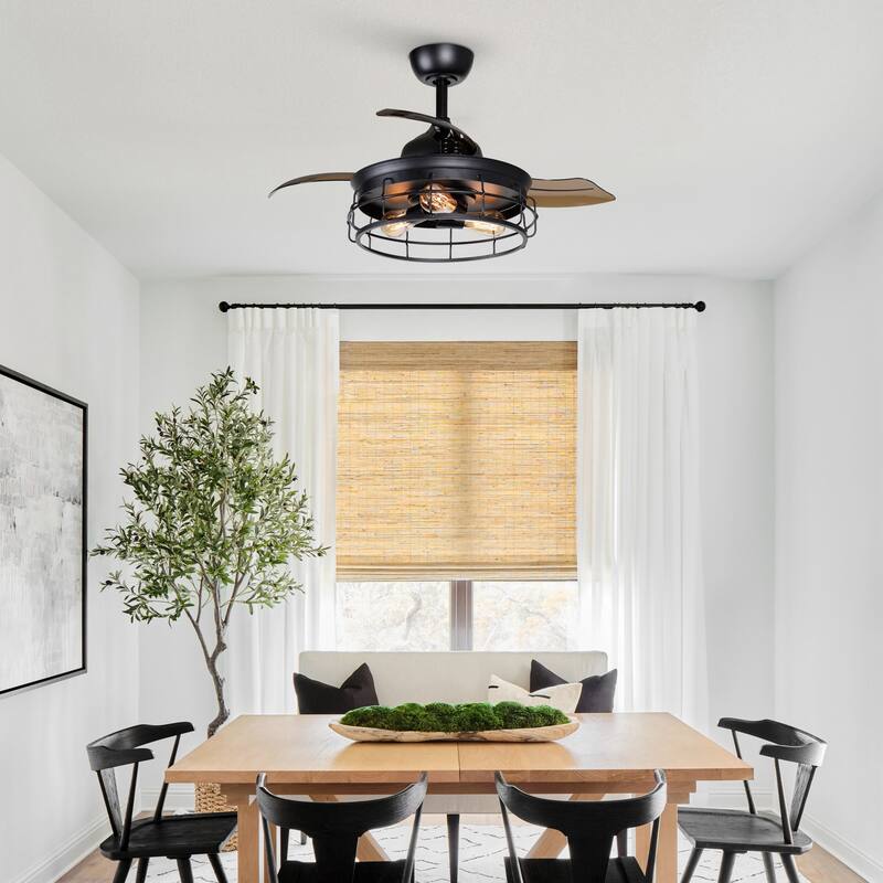 Industrial 36" Black Metal Retractable 3 Blades Ceiling Fan with Remote ...