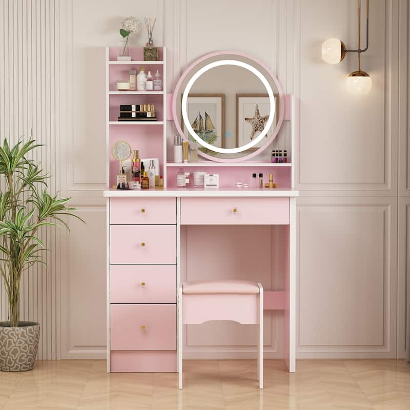 33"Wide Makeup Vanity Set with Stool and Mirror,3 Color Touch Light ...