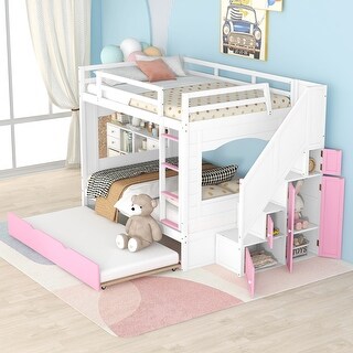 White+pink Wood Bunk bed with Storage Cabinet, Full Over Full Size Bunk ...