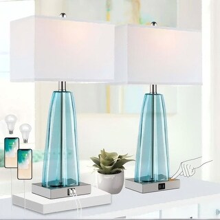 Set of 2 Touch Control Table Lamps with USB Ports, Blue-Green Glass, 3 ...