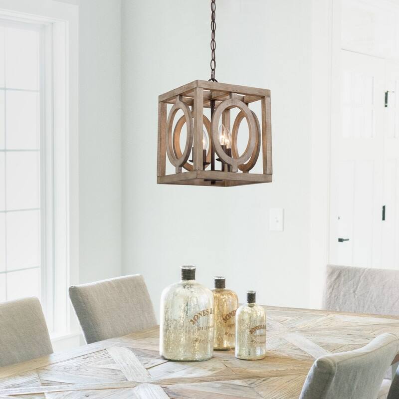 Farmhouse 4-Light Distressed Wodd Chandelier for Kitchen Island Dining ...