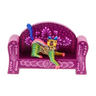 Novica Handmade Olive Cat On A Bench Wood Alebrije Sculpture (2 Pieces ...