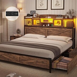 Queen Bed Frame with Storage Drawers & LED Lights Platform Bed Frame ...