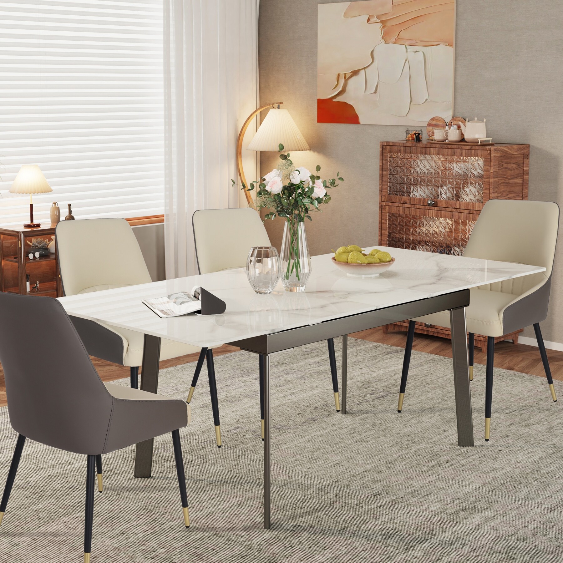 Large Extendable Kitchen Slate Dining Table Rectangular and Metal Legs Gloss White