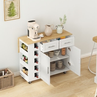 Drop Leaf Kitchen Cart, White Kitchen Island on Wheels w/ Wine Storage ...