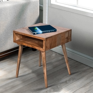24 Inch Farmhouse Wooden Square End Table with Open Compartment, Oak ...