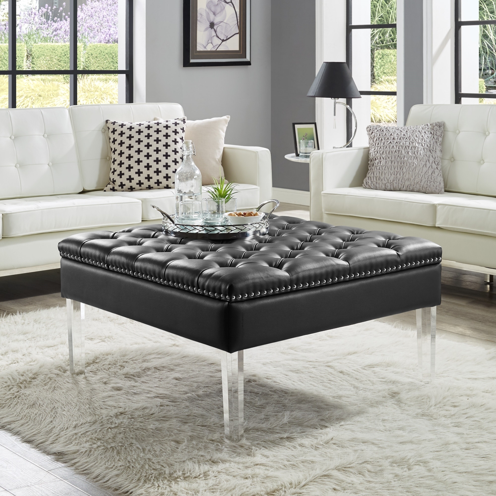 Black leather ottoman coffee table store