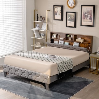 Full Size Bed Frame with Storage Headboard, Modern Upholstered Platform ...