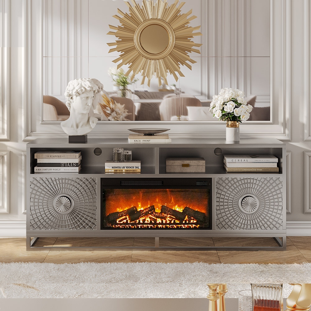 Moasis 70 Wide Mid Century Modern TV Stand with 30 Electric Fireplace