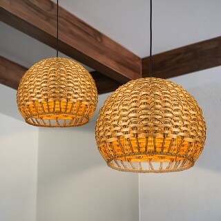 1-Light Farmhouse Boho Hand Woven Rattan Dome Pendant Light for Dining ...