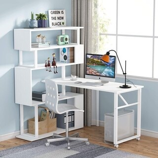 Rotating L Shaped Desk with Storage Bookshelf for Home Office - Bed ...