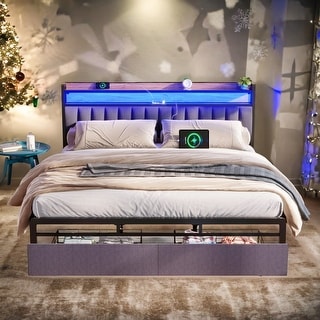 King Size Bed Frames with Storage Headboard and Large Storage Drawer ...