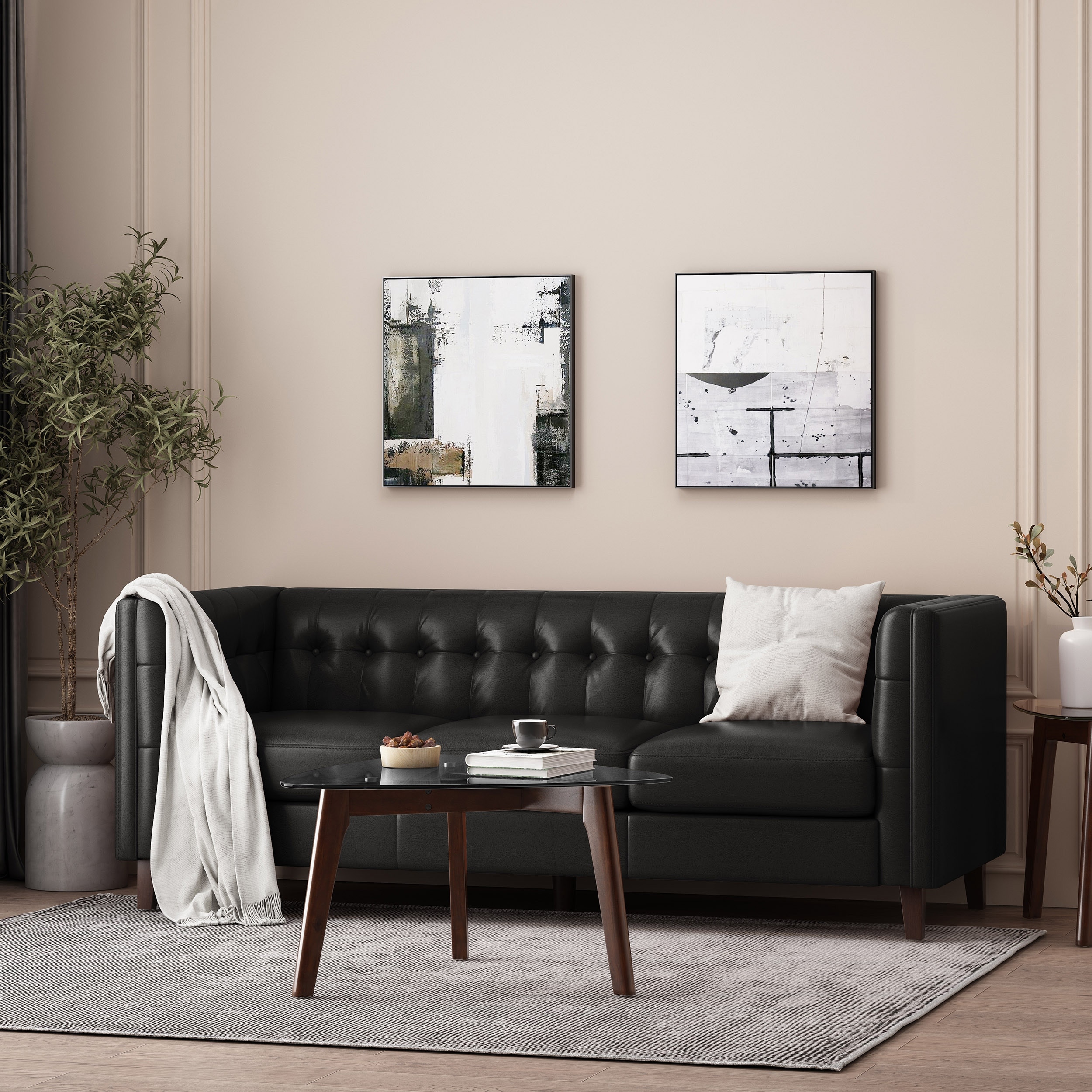 Modern 3 seat Sofa Waffle Tufted Back Couch Bedroom PU Leather Sofa with Tuxedo Arms and Birch Wood Legs for Small Spaces Bed Bath Beyond 41037793