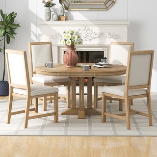 Merax 5-Piece Dining Set Extendable Round Table and 4 Upholstered ...