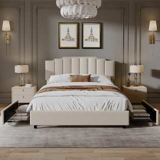 Rivets Desig Queen Size Upholstered Platform Bed with 2 Drawers - Bed ...