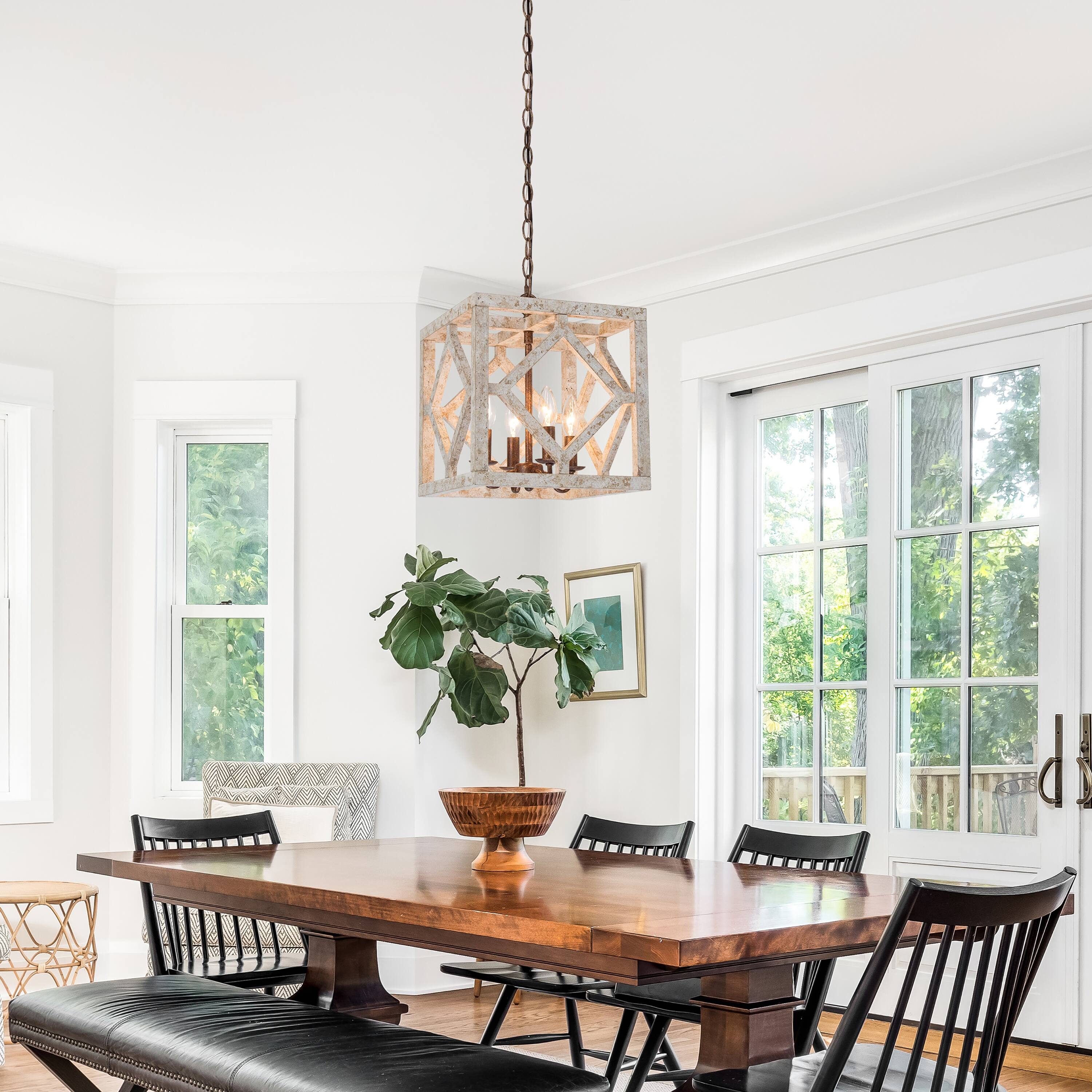 Duull Farmhouse 4-Light Large 12-in Wood Square Pendant Lights for ...