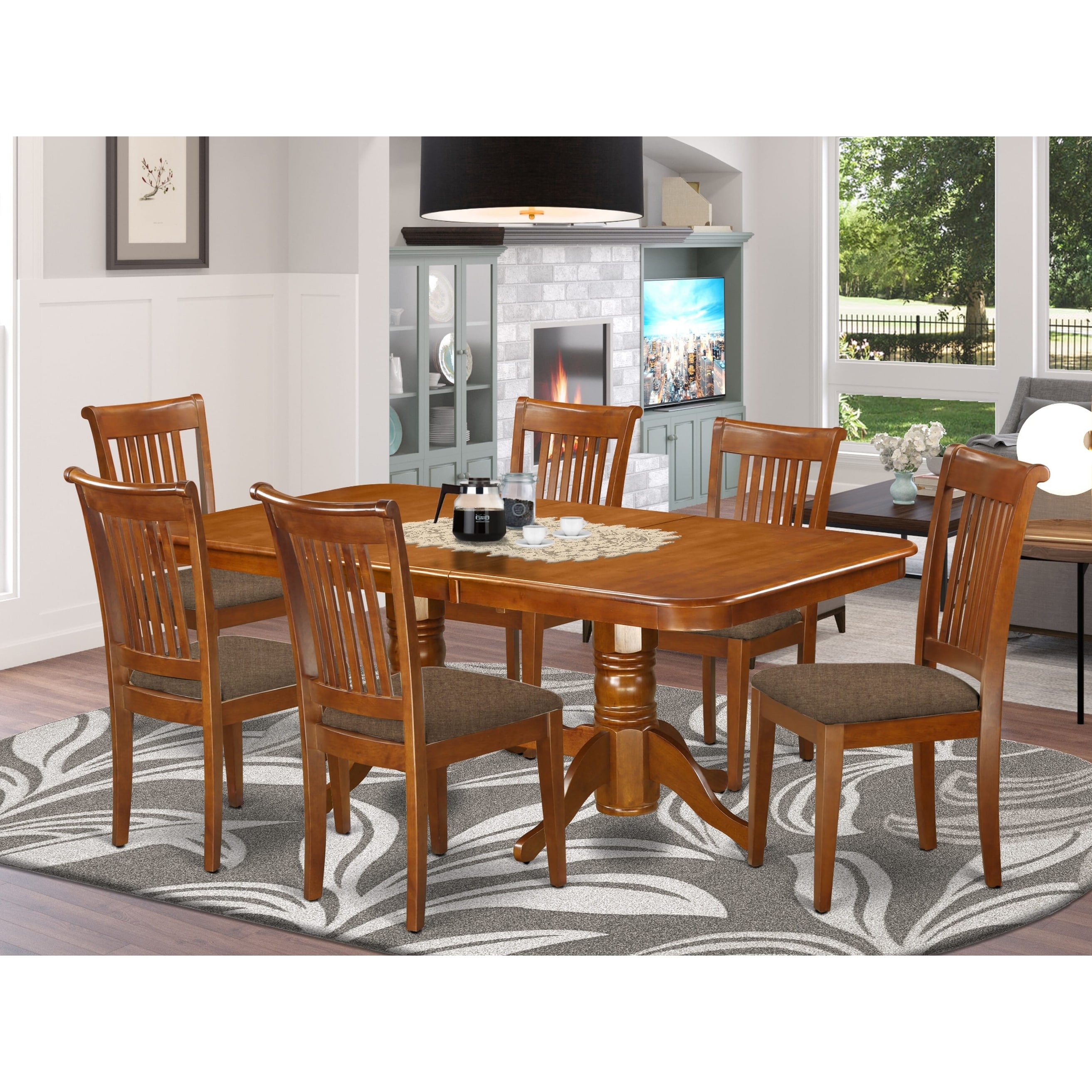 East West Furniture 7 Piece Dining Table Set of a Rectangle Wooden Table and 6 Dining Room Chairs Saddle Brown Seat Option