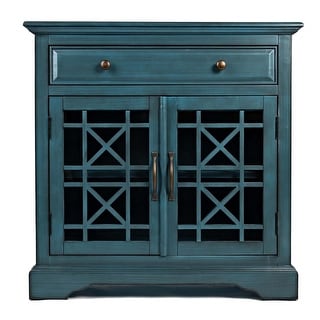 Blue Craftsman Series 32 Inch Wooden Accent Cabinet Fretwork Glass ...
