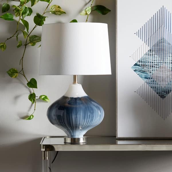 Blue Glass Gourd Style Base Room Table Lamp with Drum Shade - Bed Bath ...