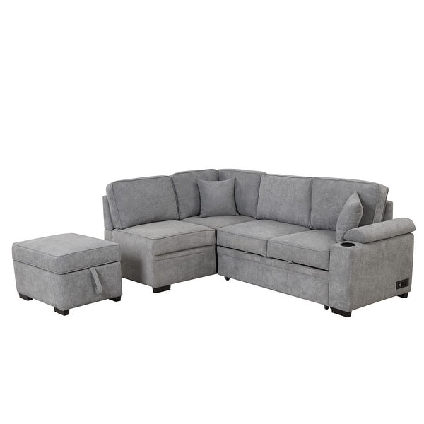 Pull Out Sleeper Sectional Sofa Set L-shape Linen Couch Set with ...