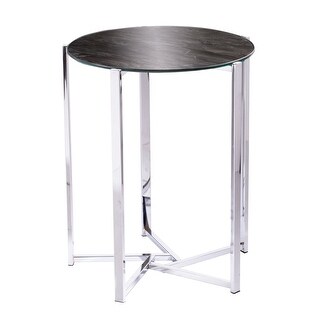 24" Silver and Black Geometric Glass Round End Table with Star Base ...