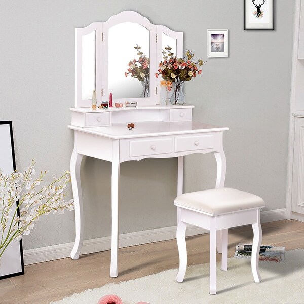 Shop Costway Vanity Makeup Dressing Table Set Bathroom W Stool 4 Drawer