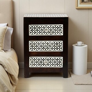 17"L Mango Wood Nightstand, Buffalo Bone Inlay, 3 Drawers, Handcrafted ...