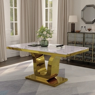 64 inch Faux Marble Dining Table with Metal U Shaped Base - Bed Bath ...