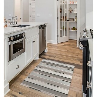 RETRO COLOR BLOCK STRIPE BEIGE AND GREY Kitchen Mat By Becky Bailey ...
